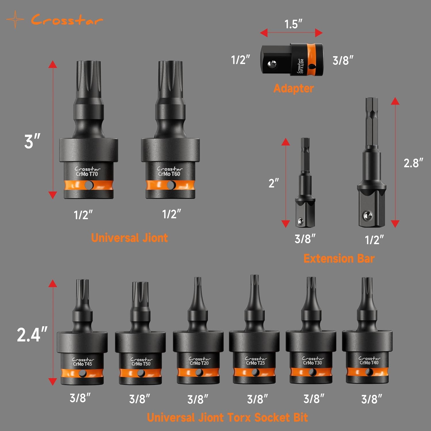 11PCs 3/8" & 1/2" Drive Impact Torx Swivel Socket Set (T25-T70) | CR-MO ...