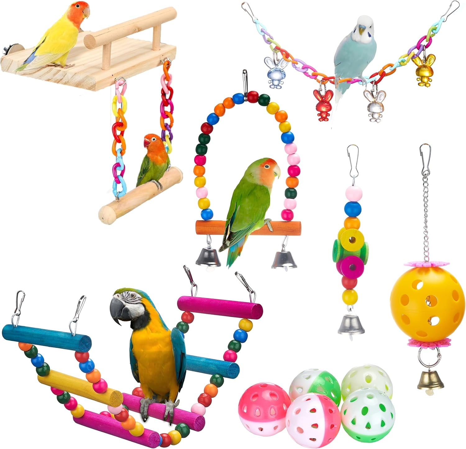 11Pcs Bird Parakeet Toys Wooden Bird Platform Stands Swing Hanging ...