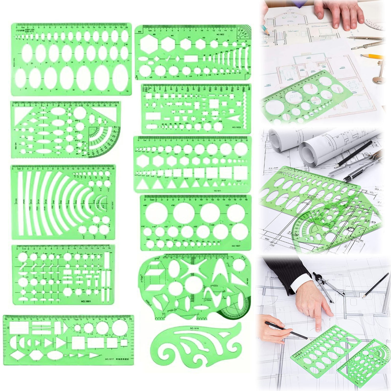 11Pcs Geometric Drawings Templates Drafting Stencils Measuring Tools ...