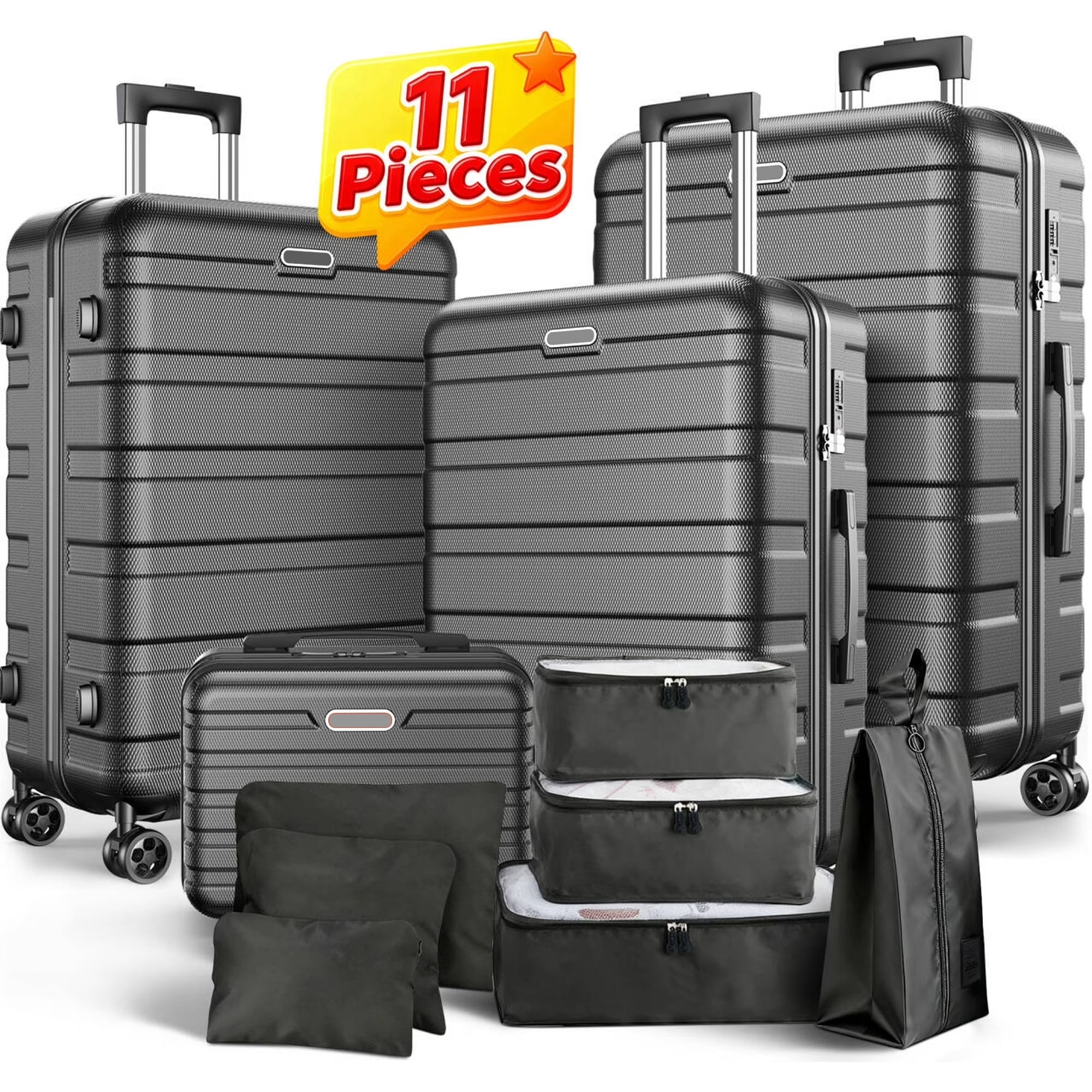 11Pcs Luggage Set, Hardshell Suitcases with Spinner Wheels & Lock, 20 ...