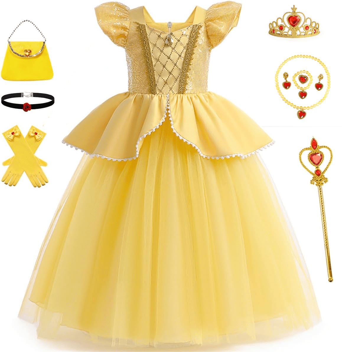 11Pcs Princess Costume for Girls Yellow Belle Dress up Halloween ...