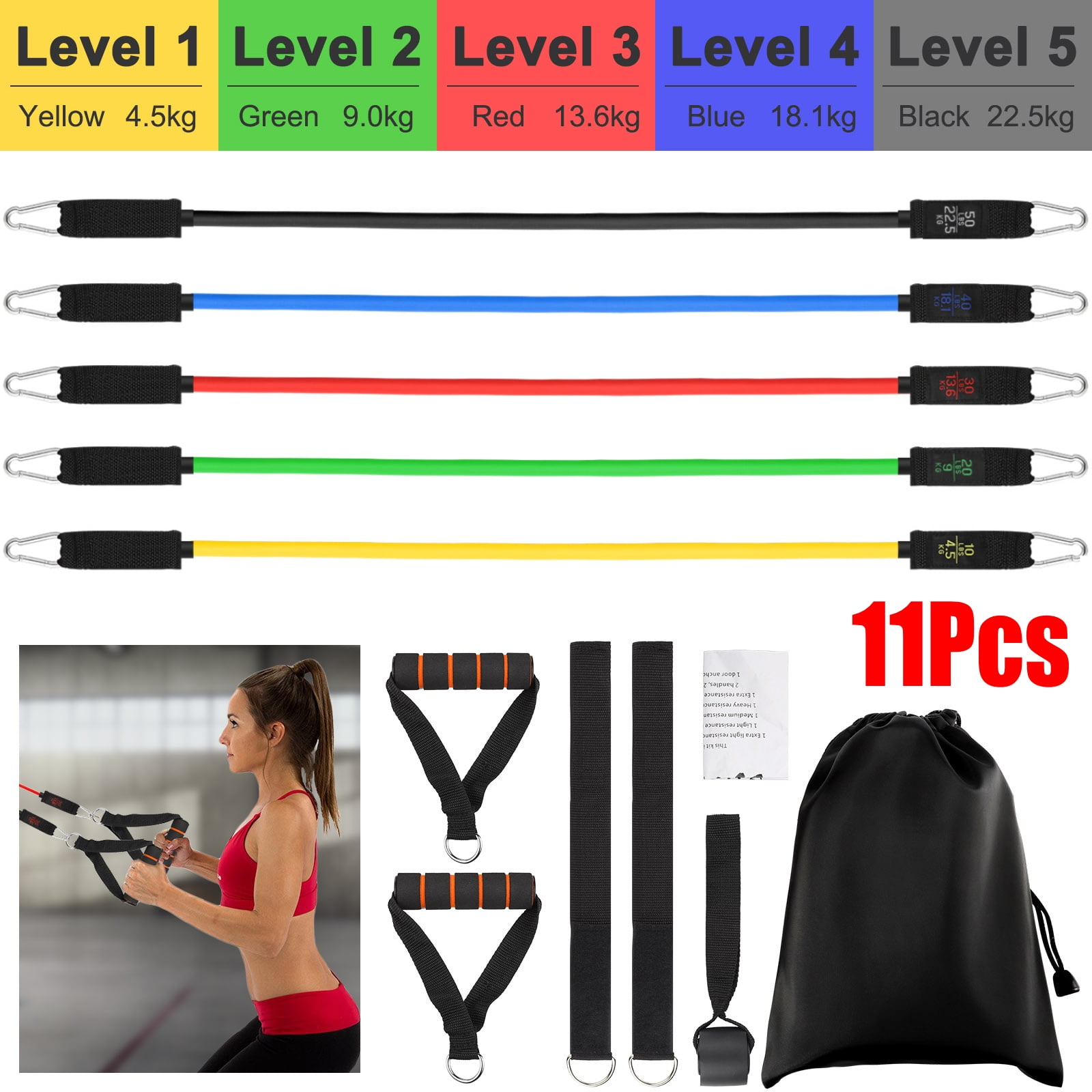 11Pcs Resistance Bands Exercise Bands Set Up to 150 lb with Training ...