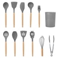 11Pcs Silicone Cooking Utensil Set Heat Resist Wooden Handle Silicone ...