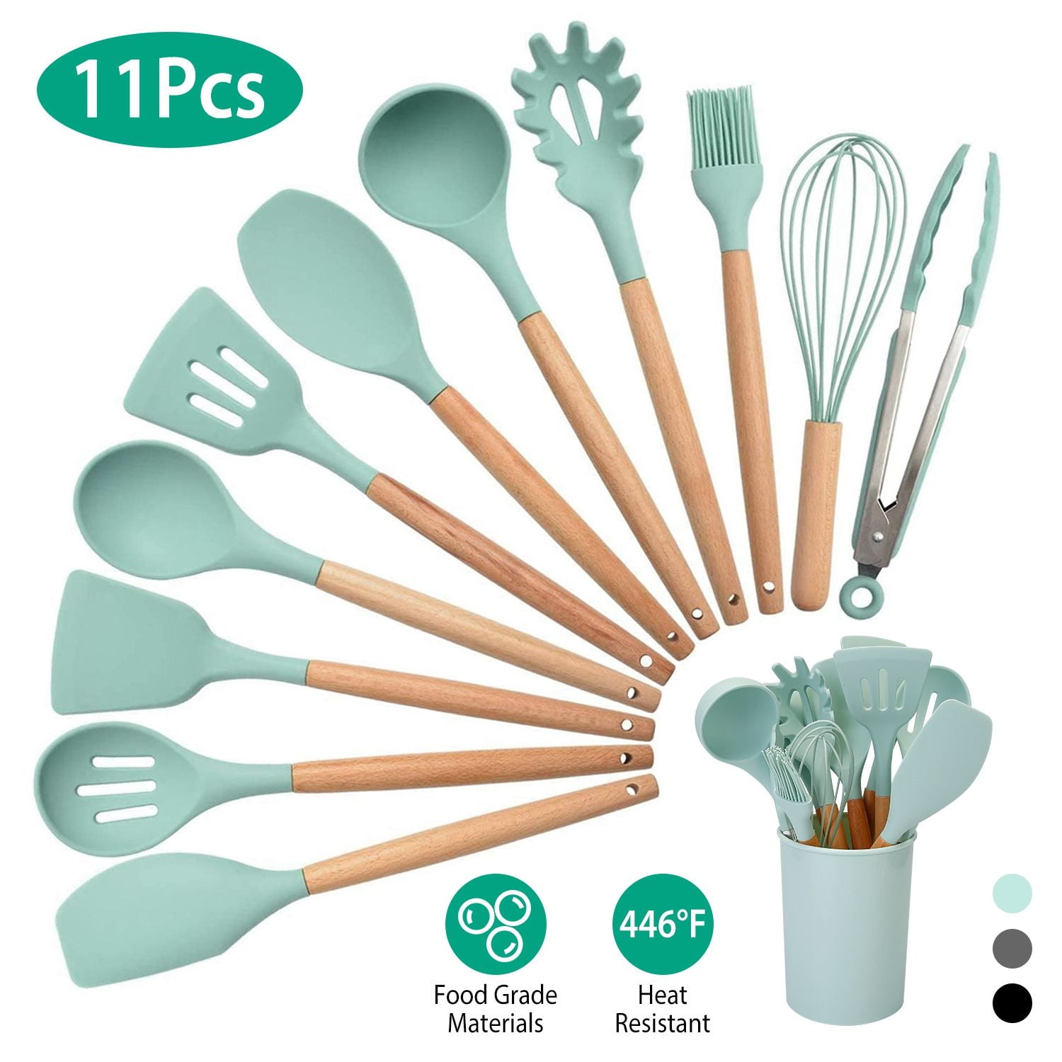11Pcs Silicone Cooking Utensil Set Heat Resist Wooden Handle Silicone ...