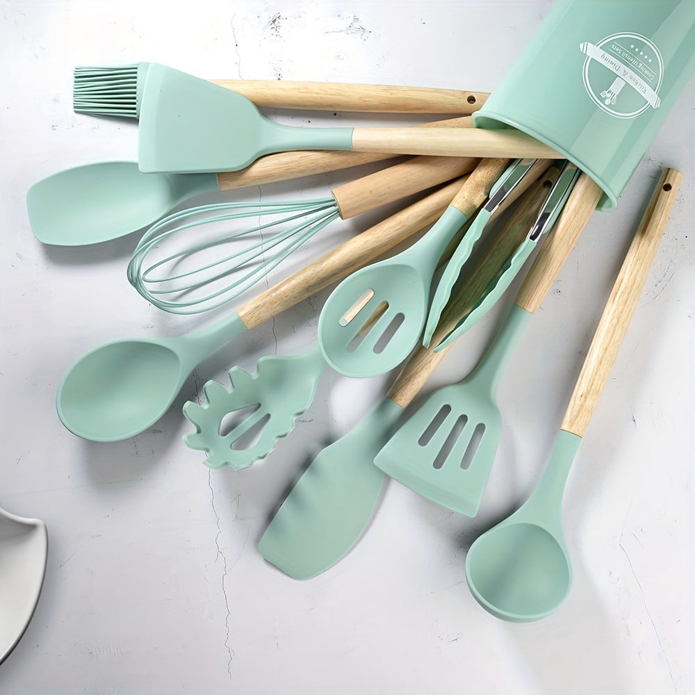 11Pcs Wooden Handle Silicone Kitchen Utensil Set with Storage Bucket ...