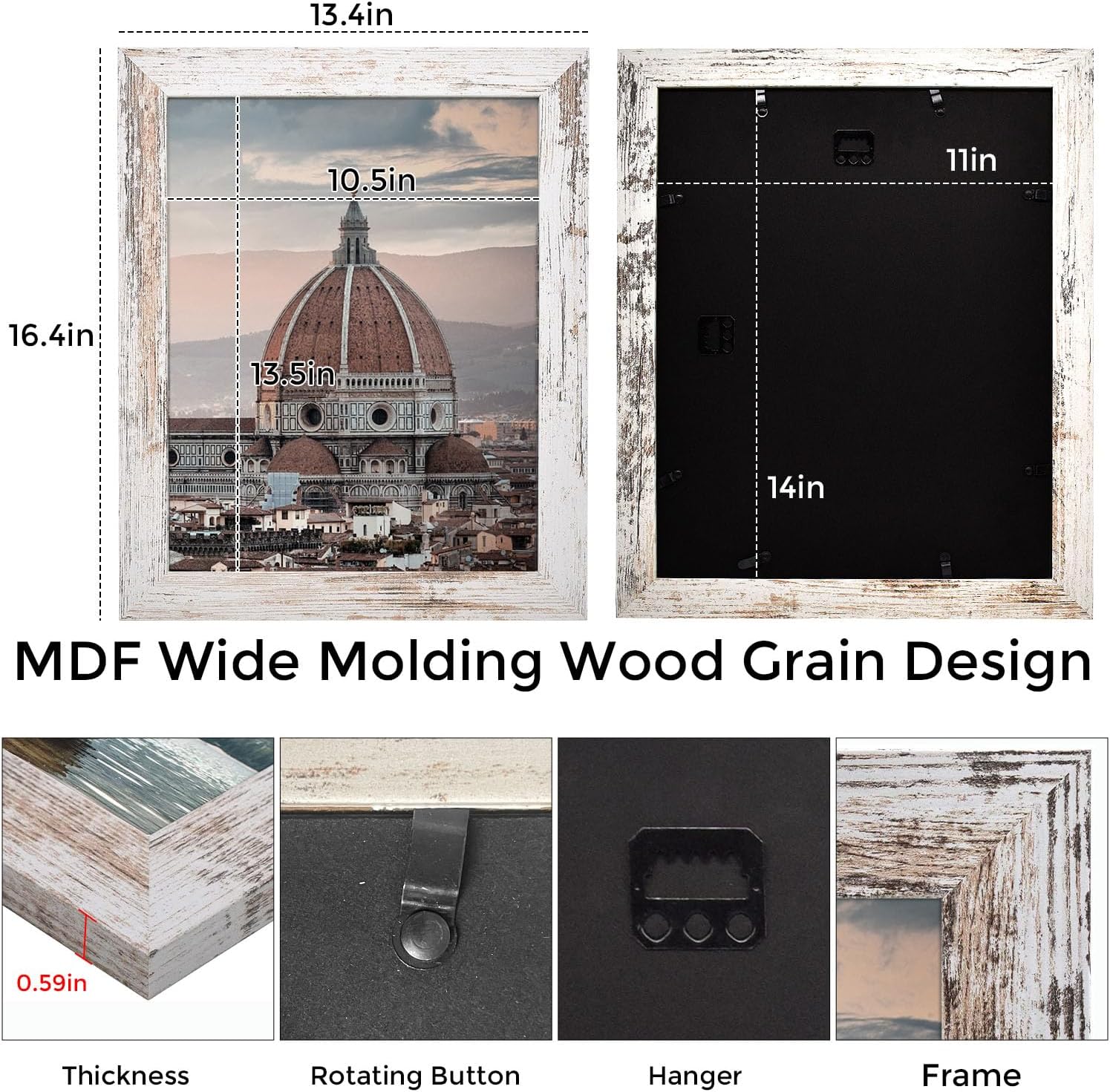 , 11X14 Picture Frame - Country Wood Grain Style - Wide Molding, Back ...