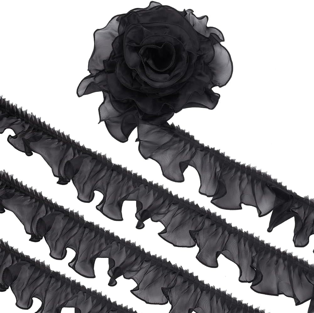 11Yard Polyester Pleated Lace Trims 3 inch Wide Black Ruffled Ribbon ...