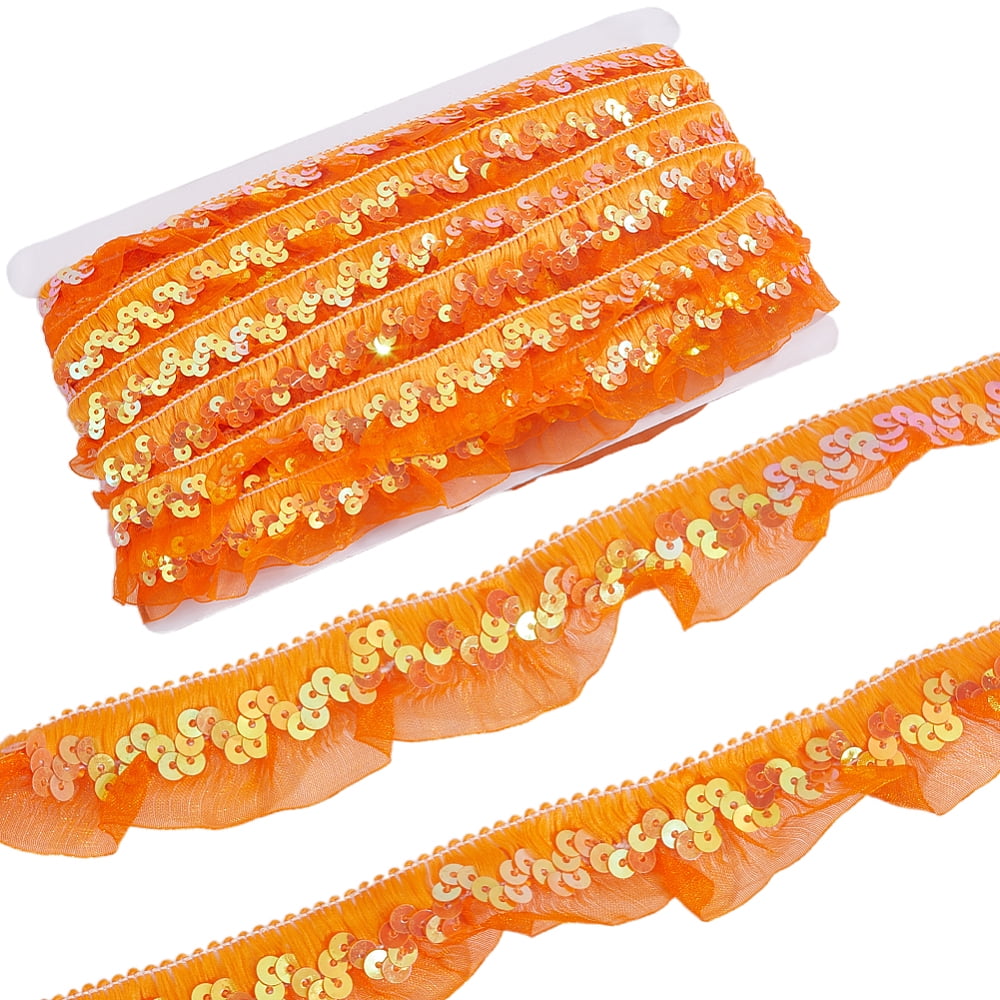11m Orange Sequin Organza Fabric Ribbon 3cm Gathered Ruffle Mesh ...
