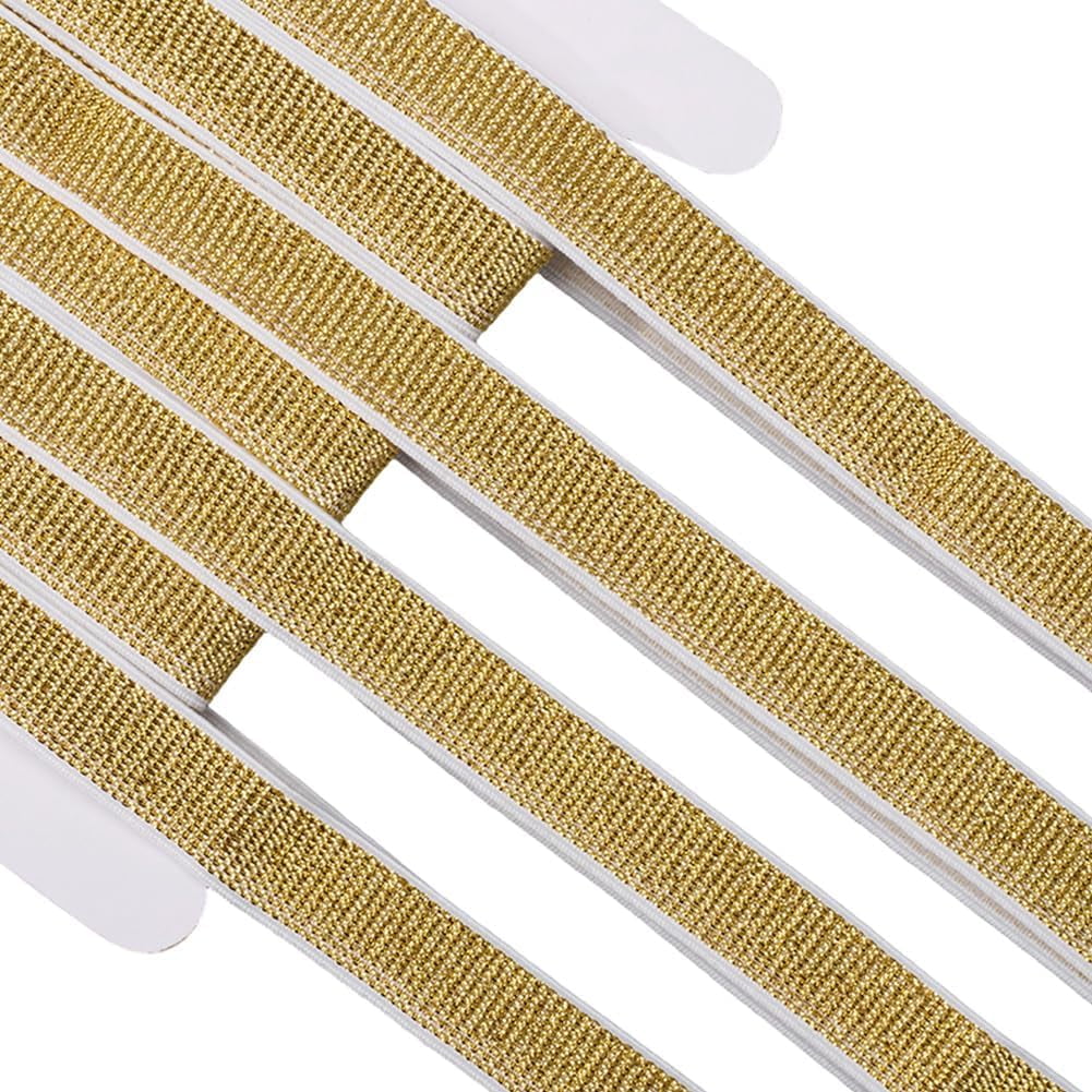 11m x 15mm Glitter Gold Elastic Band Metallic Stretch Ribbon White ...