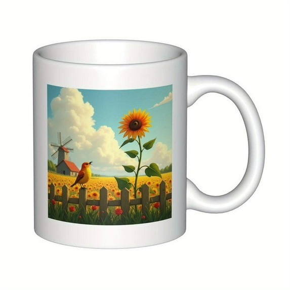 11oz Ceramic Coffee Mug with Handle Vibrant Sunflower Field Bird ...