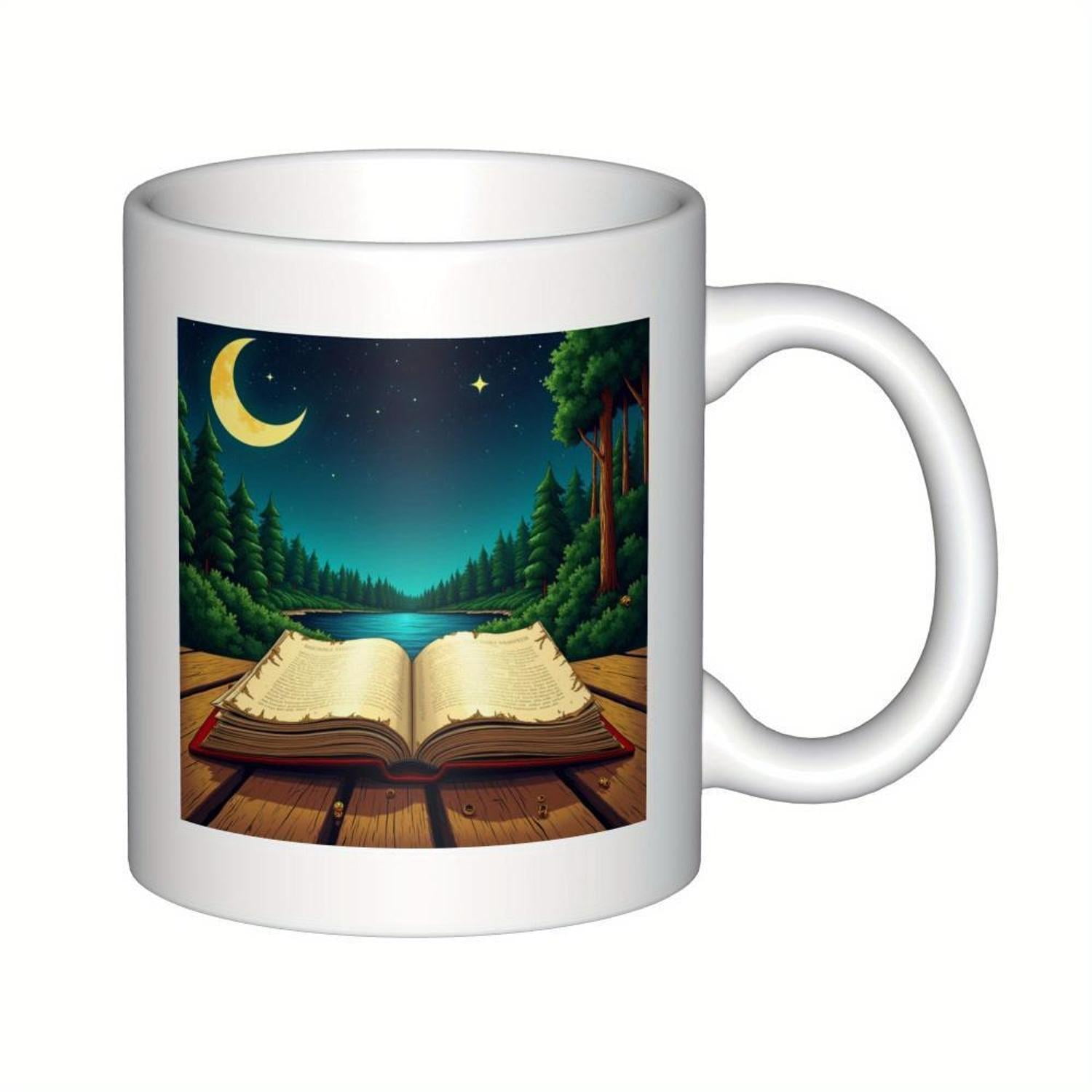 11oz Ceramic Coffee Mug with Open Book Forest Night Scene Design Starry ...