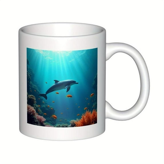 11oz Ceramic Coffee Mug Vibrant Underwater Marine Life with Dolphin and ...