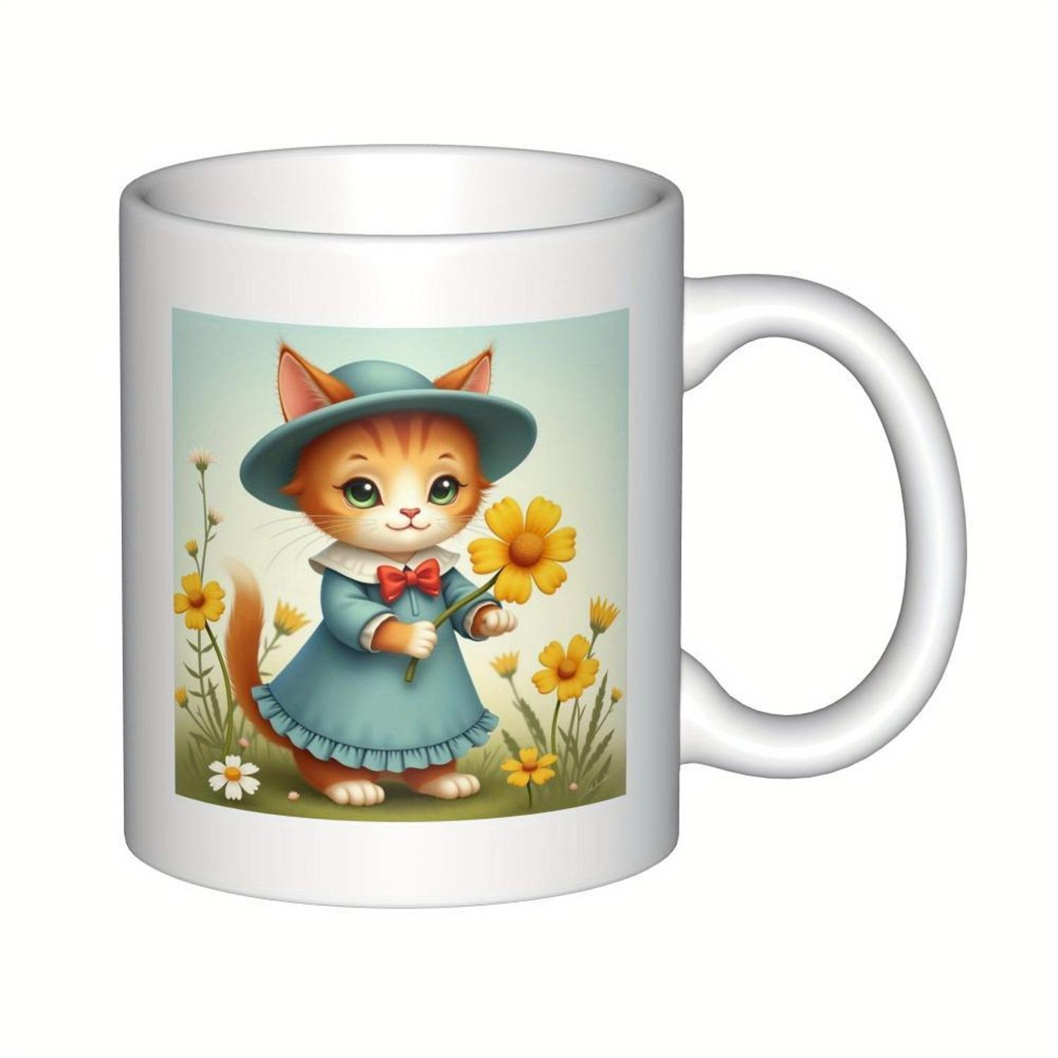 11oz Ceramic Coffee Mug with Cute Kitten in Blue Dress Flower Bouquet ...