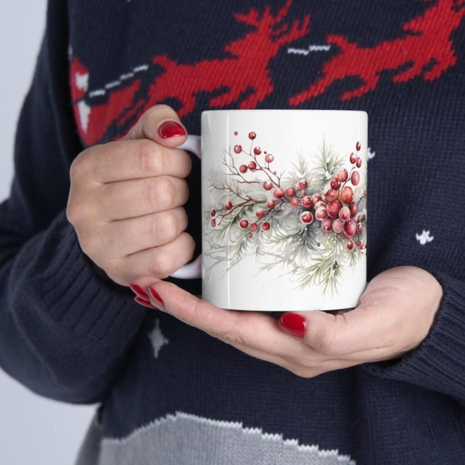 11oz Ceramic Winter Garland Mug Snowy Wreath Design with Red Berries ...