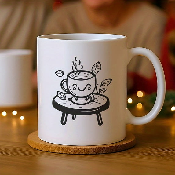 11oz Cute Smiling Cartoon Coffee Mug With Leaf Design - Durable Ceramic ...