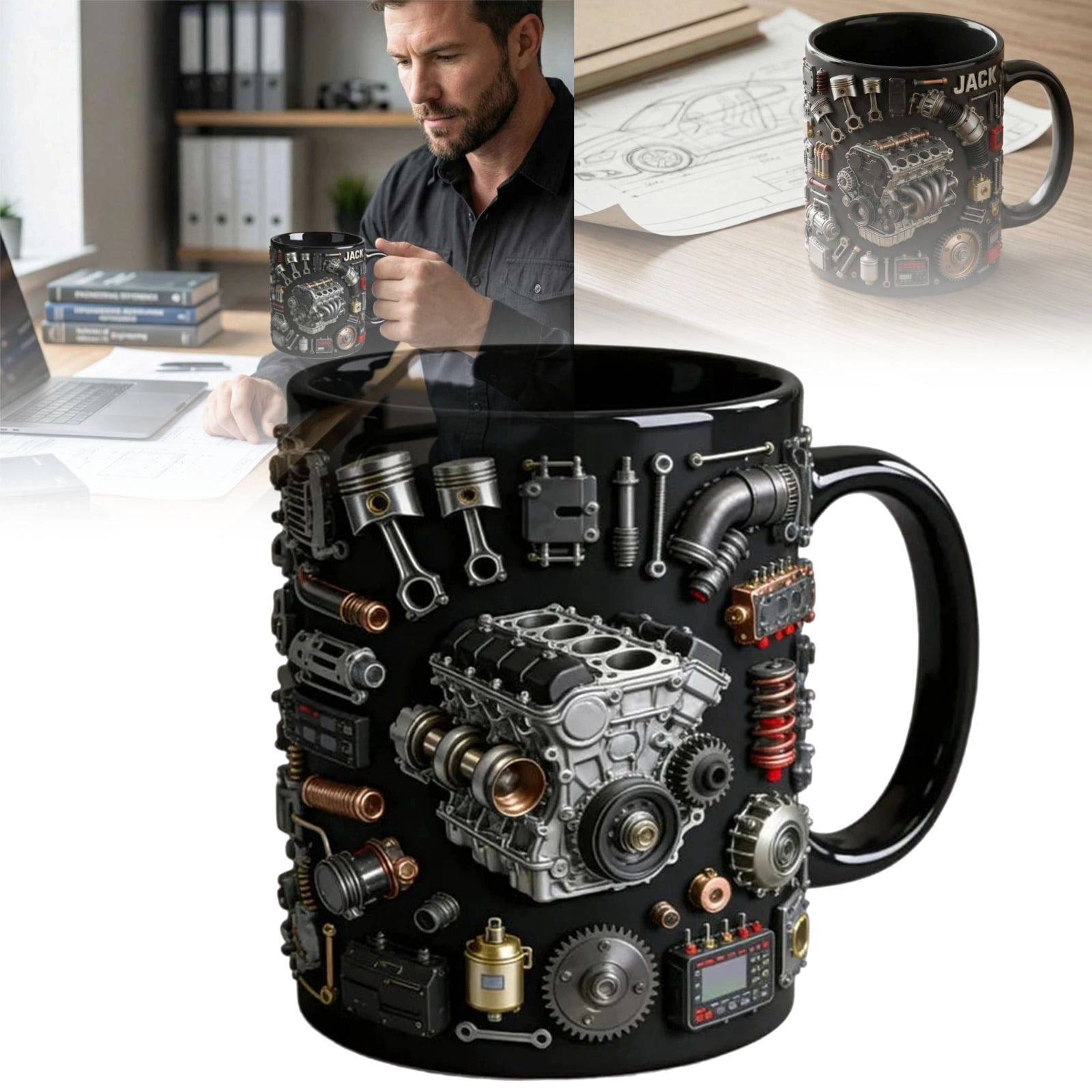 11oz Engine Parts Coffee Mug - 3D Mechanical Auto Design Ceramic Cup ...