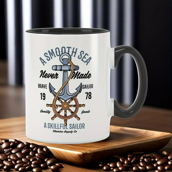 11oz Fun Anchor Ceramic Coffee Mug Dual Sided Design Black White ...