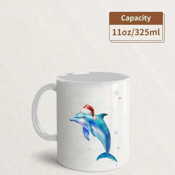 11oz Funny Dolphin in Santa Hat Snowflakes Mug Blue White Holiday ...