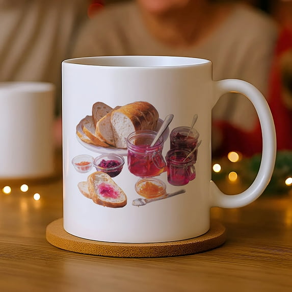11oz Reusable Ceramic Coffee Mug, Bread, Jam, Spoon, Breakfast, Food ...