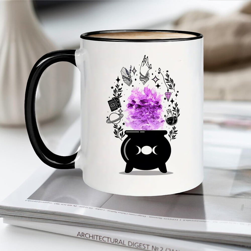 11oz Witch's Cauldron Mug With Moon Phase Symbols, Tarot Cards & Purple ...