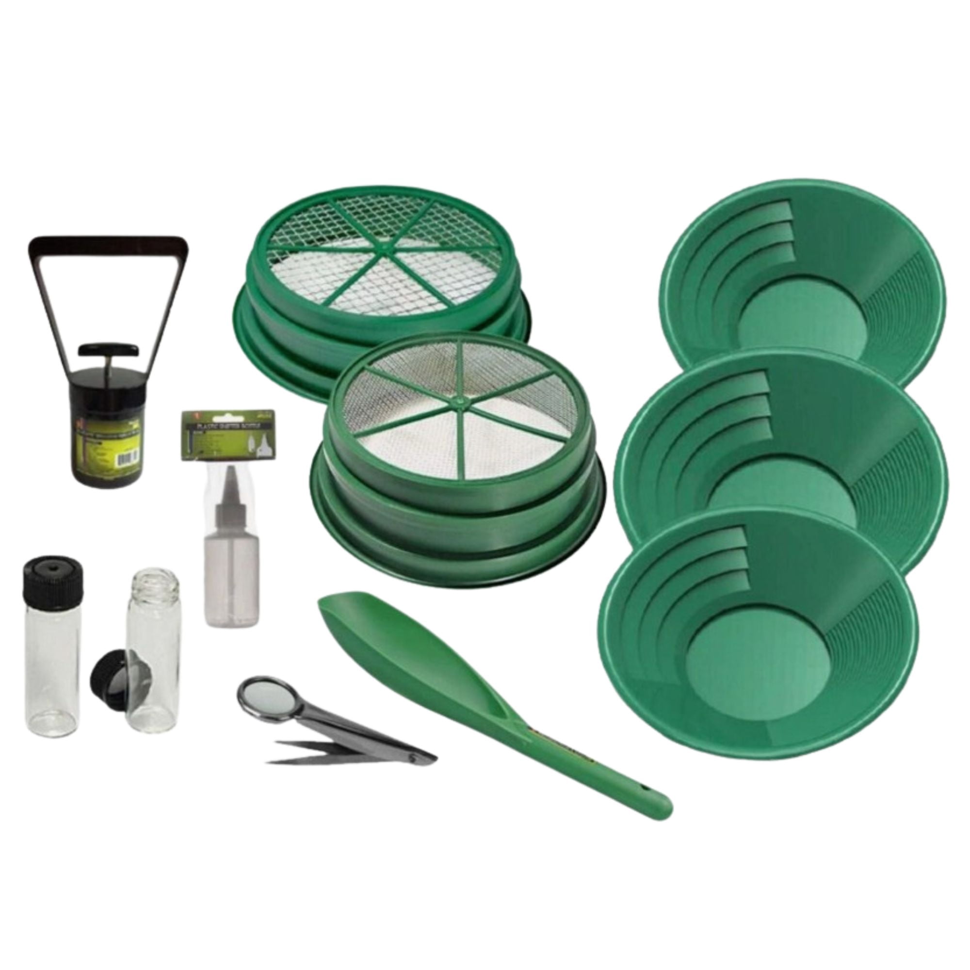 11pc Gold Panning Kit 1/8 & 1/2 Classifiers 14" 10" 8" Green Gold Pans ...