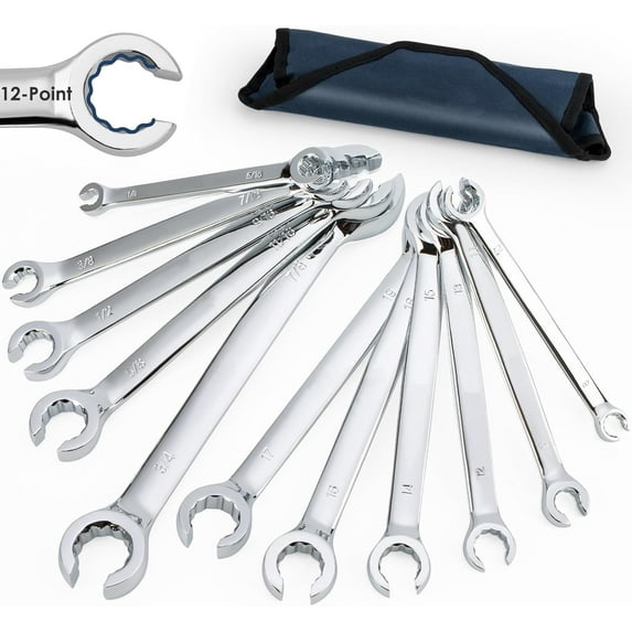 11pcs Flare Nut Wrench Set, Metric & SAE, 12-Point Line，8 to 19mm & 1/4 ...