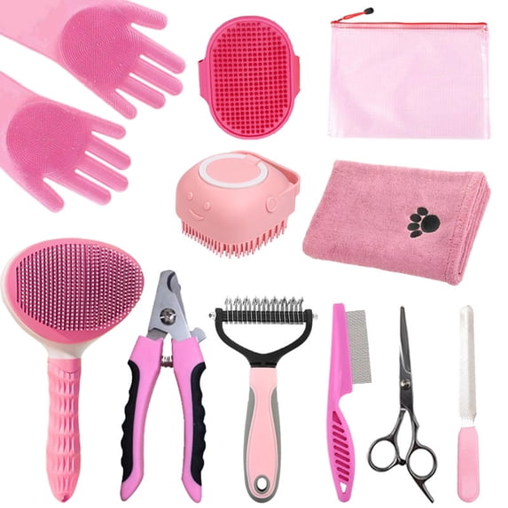 Pink Pet Grooming Set: Deshedding Gloves, Brushes, Scissors & Towel for ...