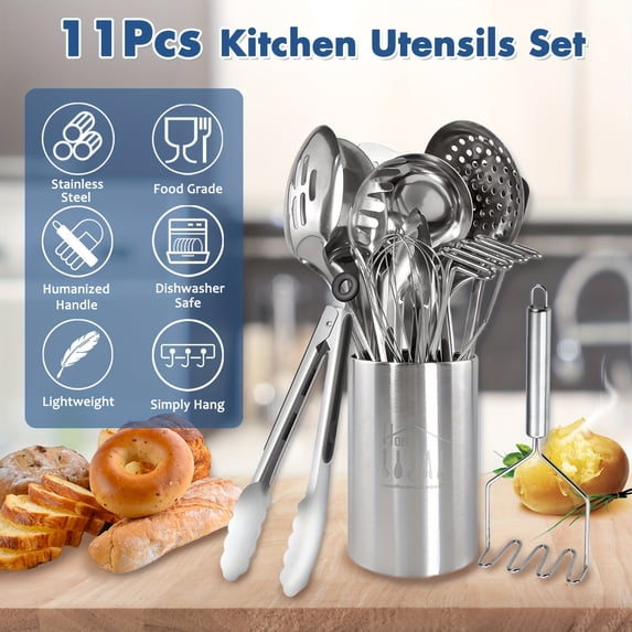 11pcs Stainless Steel Kitchen Utensils Set with Storage Bin, Heat ...