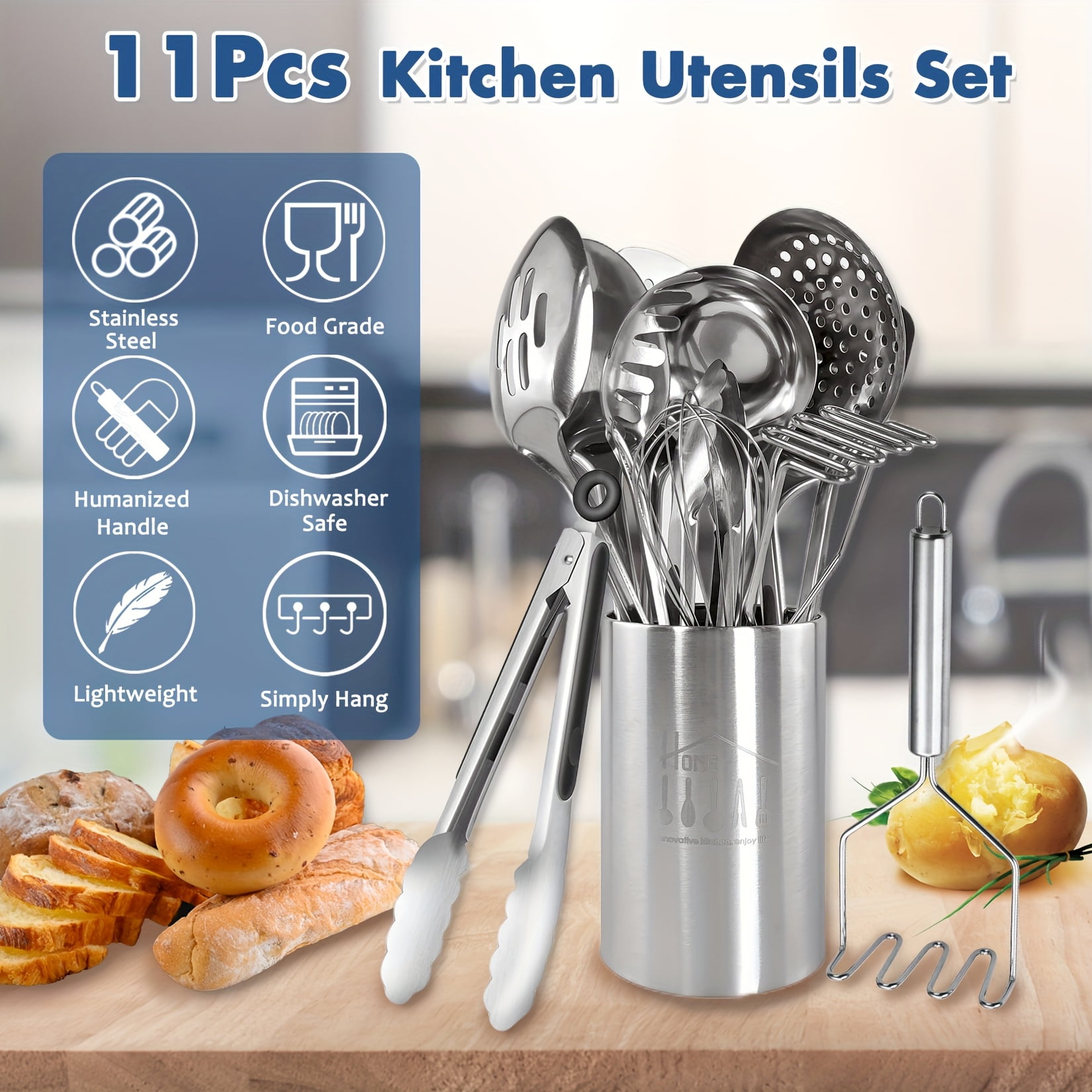 11pcs Stainless Steel Kitchen Utensils Set With Storage Bin, Heat ...
