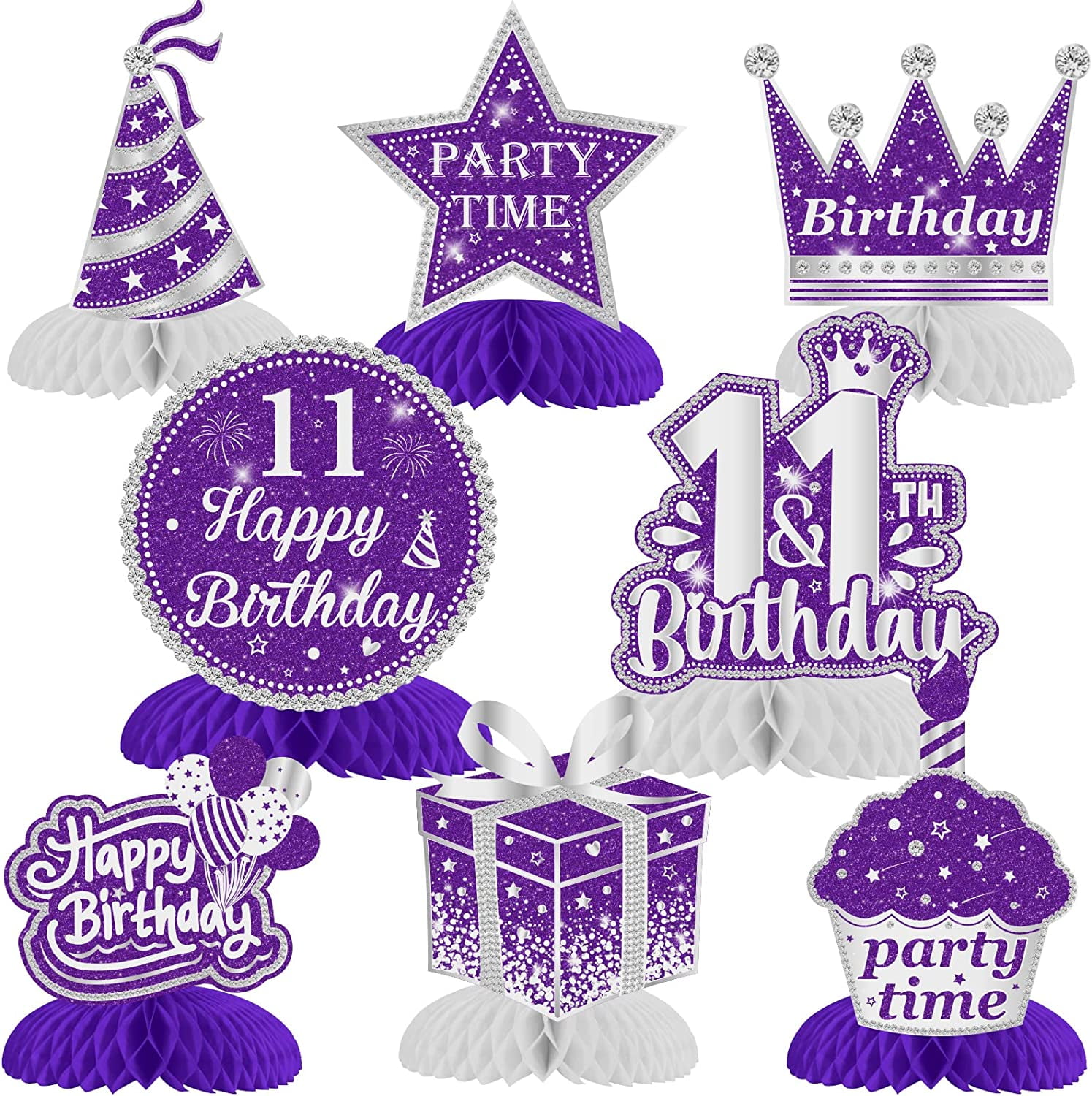 11th Birthday Honeycomb Centerpieces, 8 Pieces Purple Silver 11 Year ...