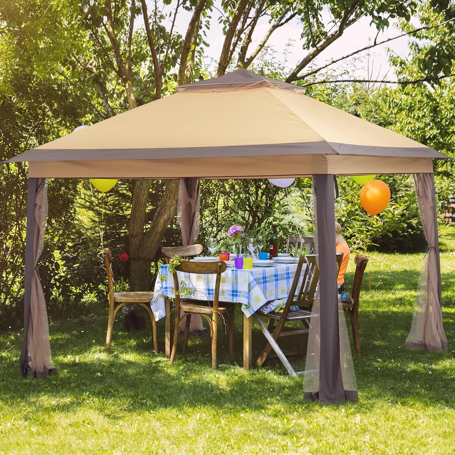 11x11 Pop-Up Instant Gazebo Tent with Netting Sidewalls 2-Tier Outdoor ...