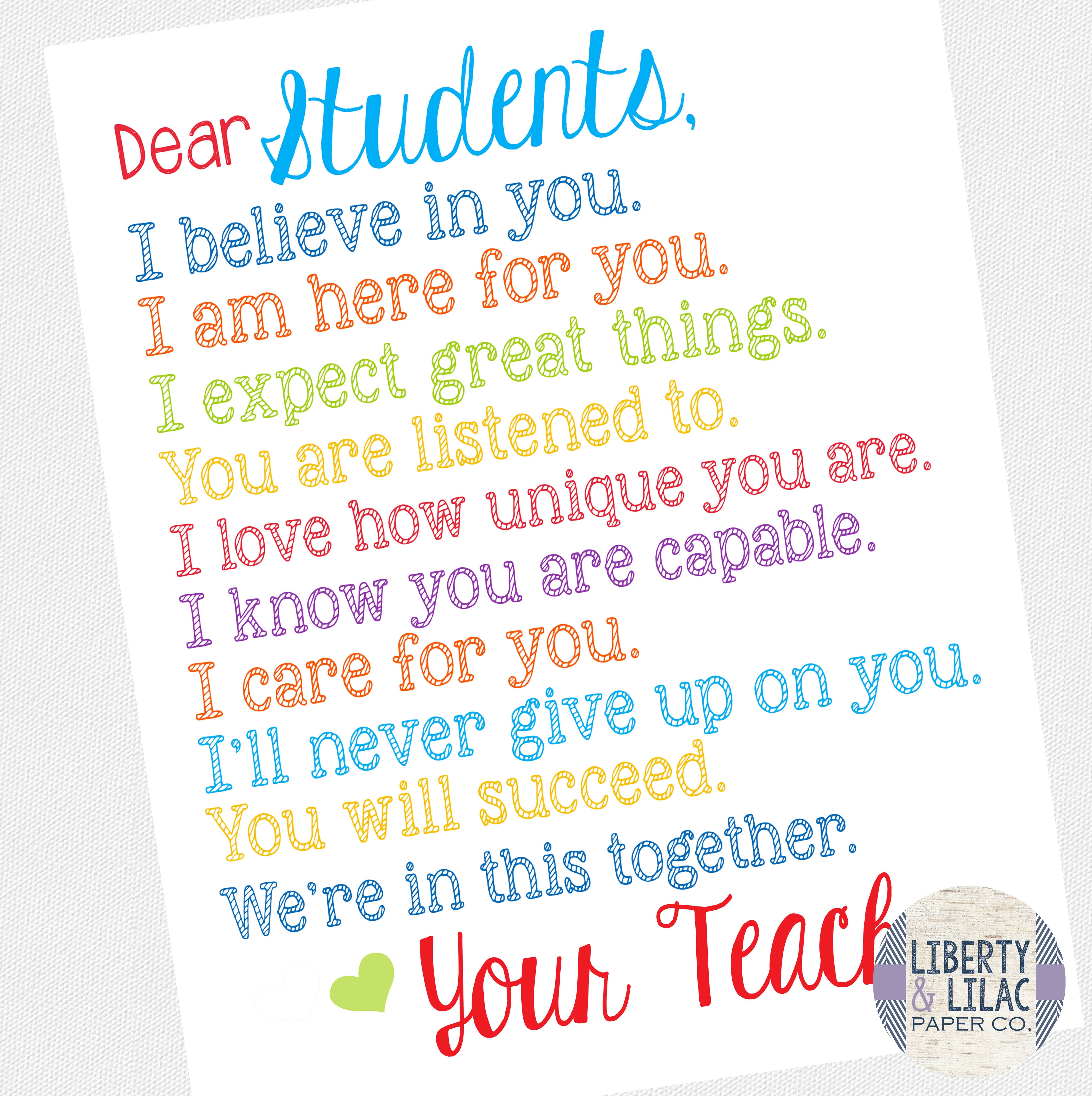 11x14" Classroom Poster Dear Students Art Inspirational Poster for ...