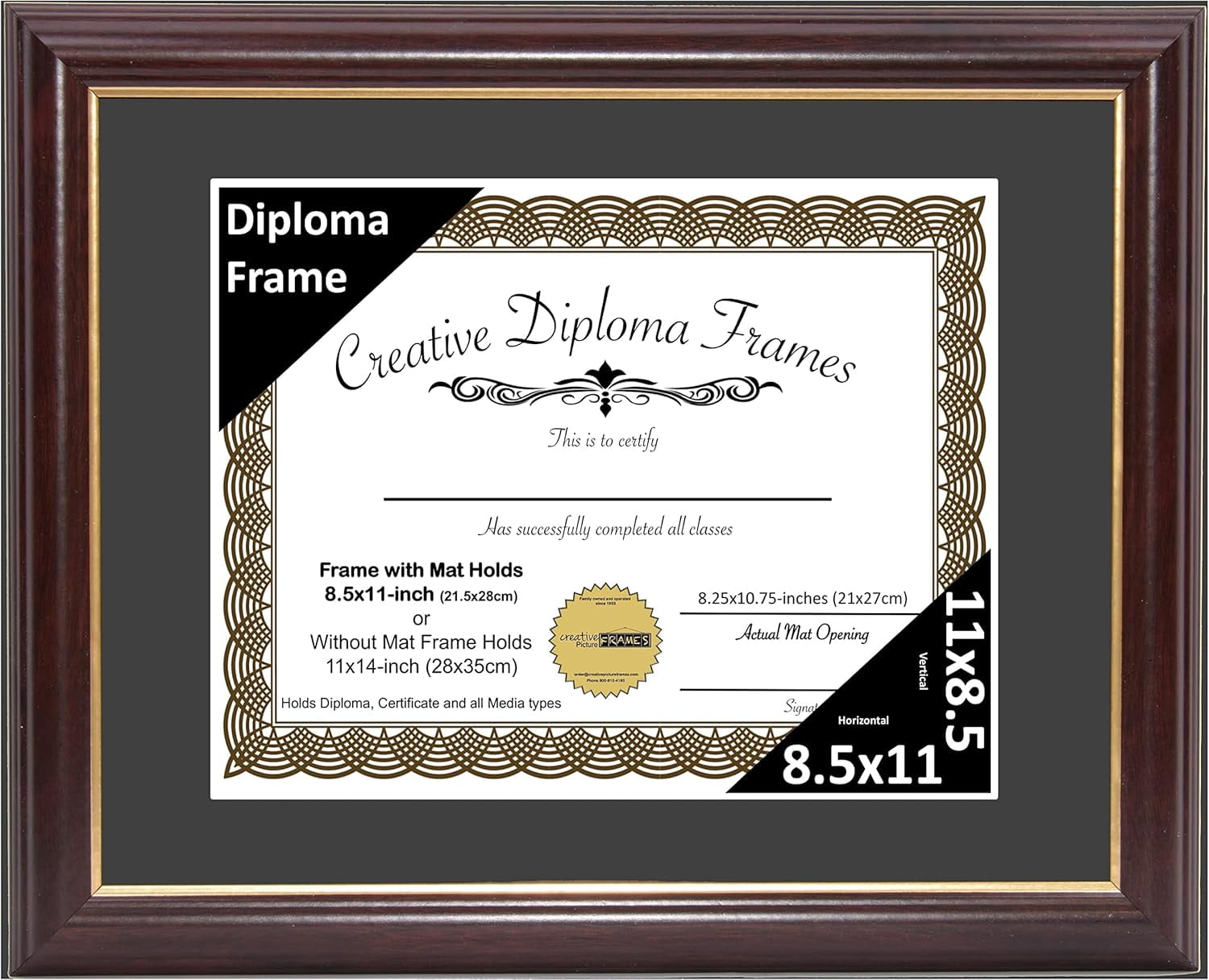 11x14 Mahogany Gold Diploma Frame with Black Matting and Gold Rim for 8.5x11-inch Graduation ...