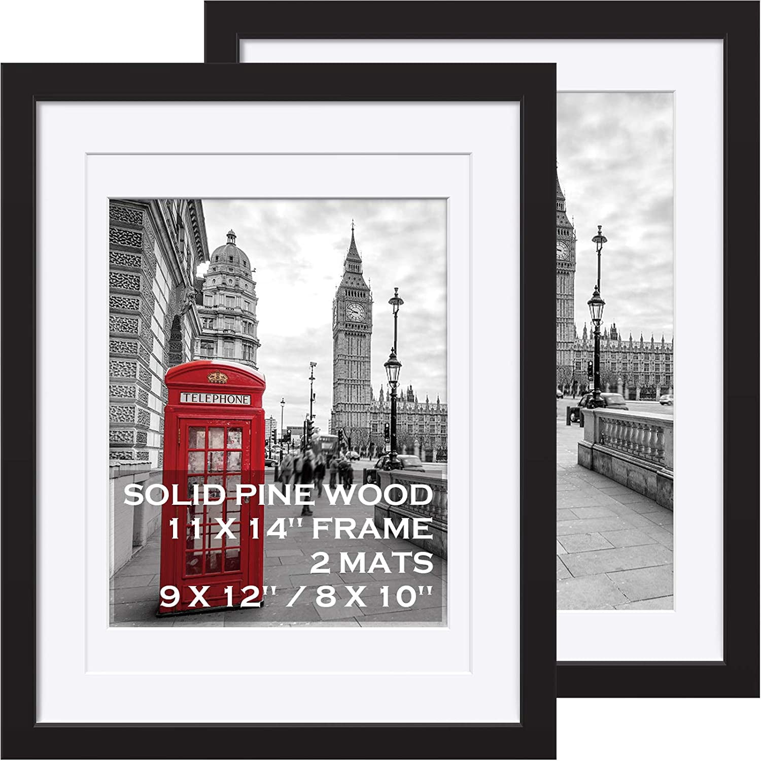11x14 Picture Frames Black Solid Wood - Matted to Display Pictures 9x12 ...