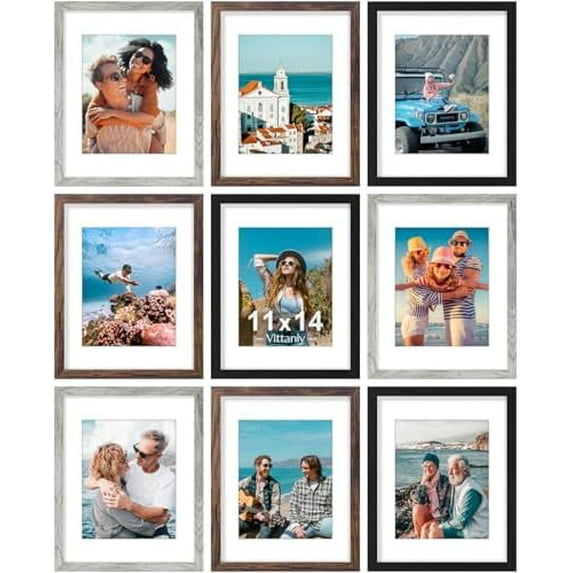 11x14 Picture Frames Set of 9, Display 8x10 Pictures with Mat or 11x14 ...