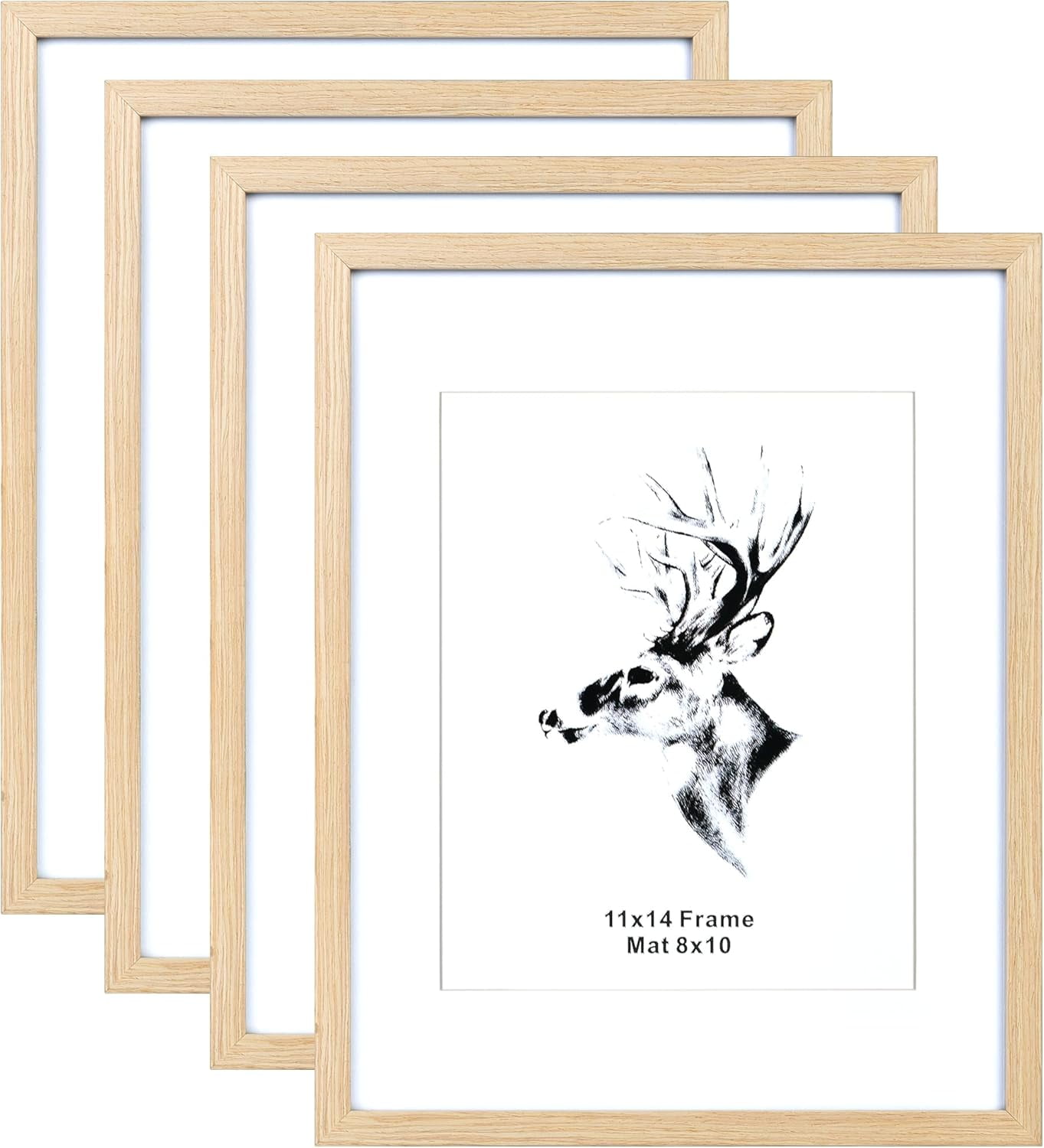 11x14 Wood Picture Frame with Mat for 8x10 Set of 4, Natural Solid Oak ...