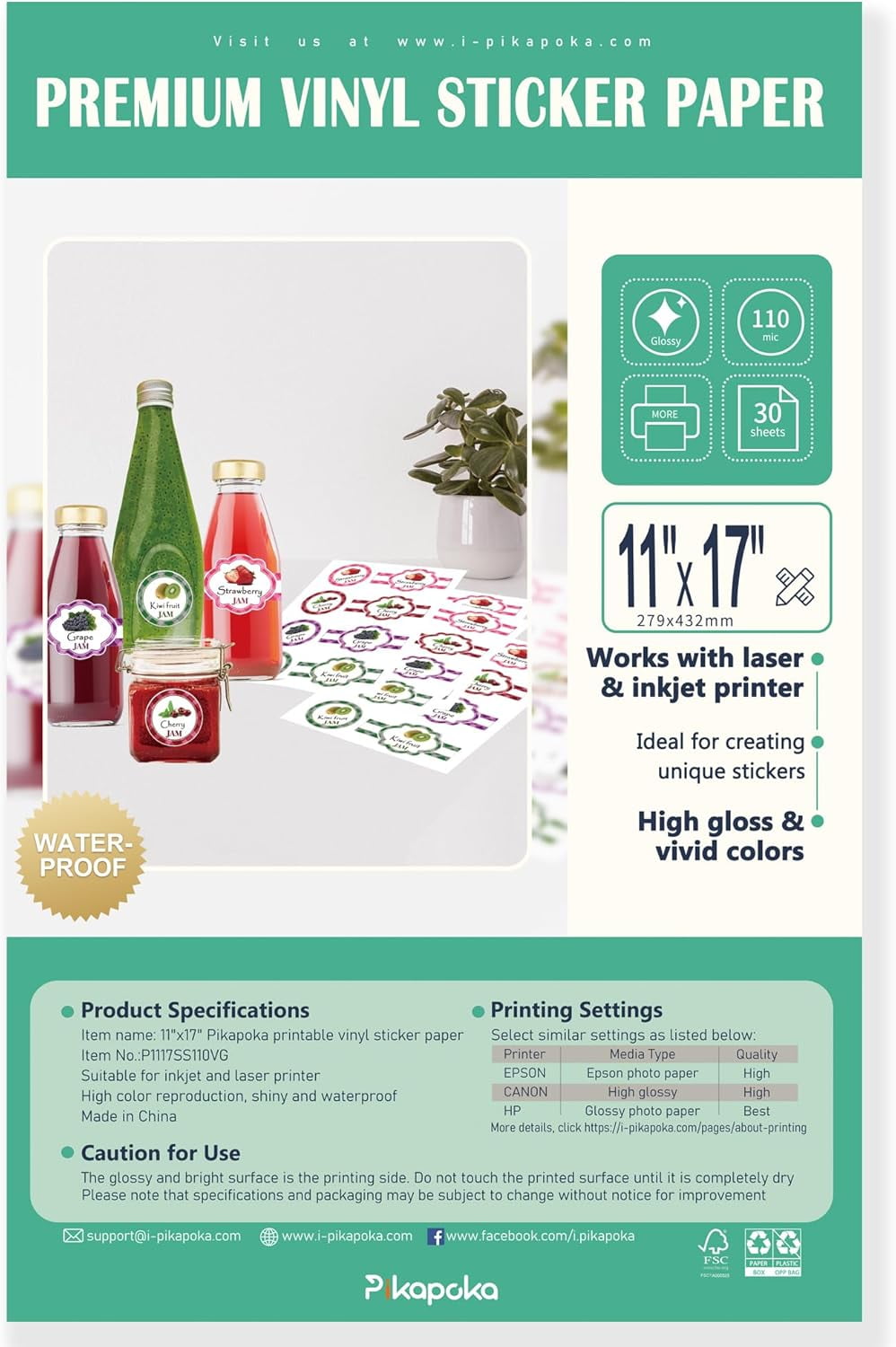 11x17 Removable Self-adhesive Vinyl Sticker Paper, 30 Pack, Waterproof ...