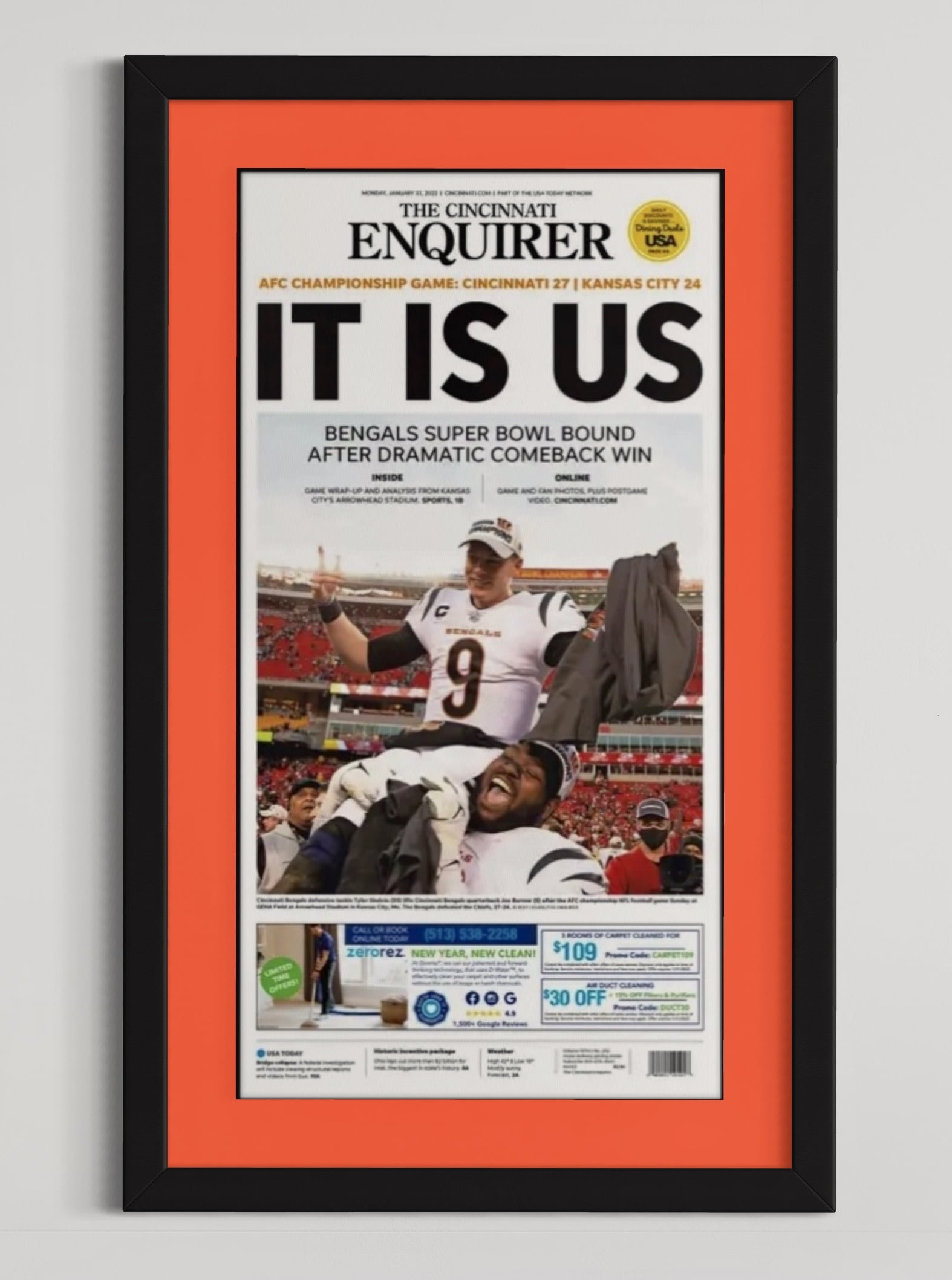 11x21 Newspaper Frame - Black Frame With Orange and Black Acid Free ...