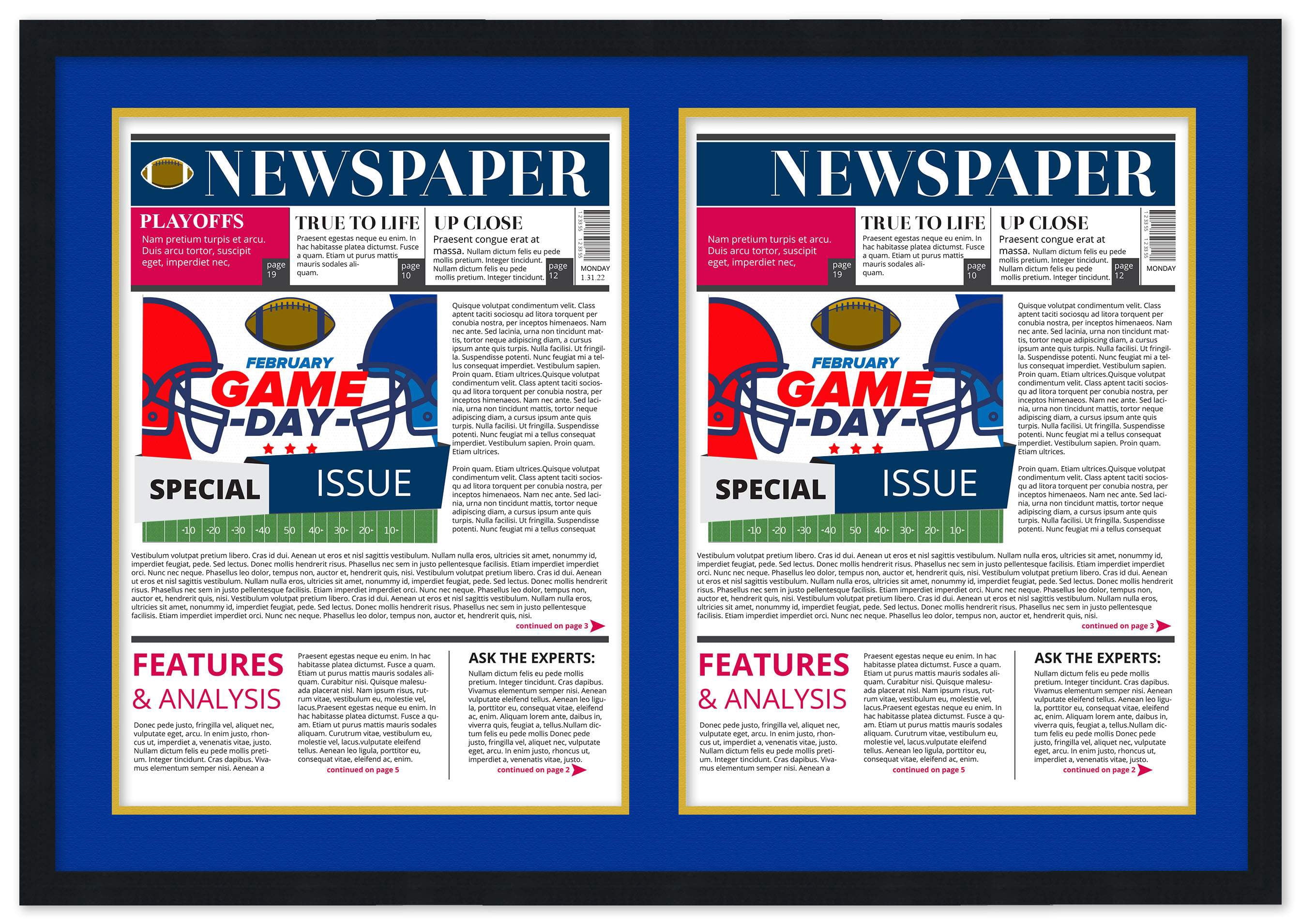11x22.5 Newspaper Frame - Black Frame With Blue and Gold Acid Free ...