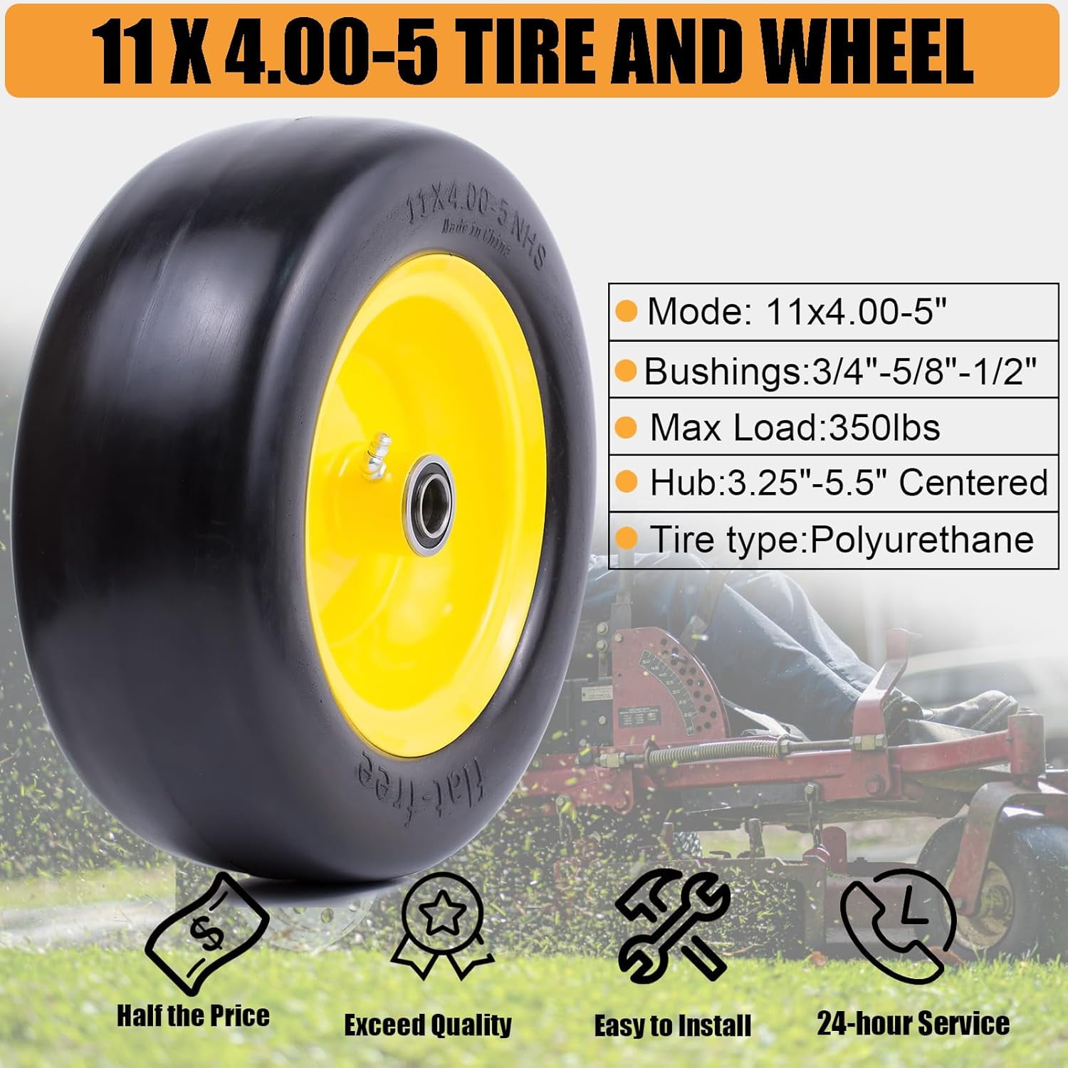 11x4.00-5 Flat Free Lawn Mower Tire Assembly - 2 Pack, Yellow, for Zero ...
