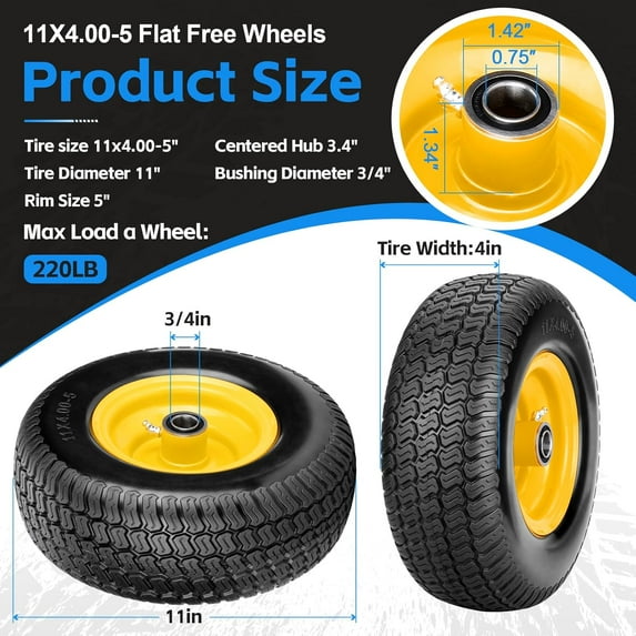 11x4.00-5 Flat Free Lawn Mower Tires, Zero Turn Mower Front Tires, 11x4 ...