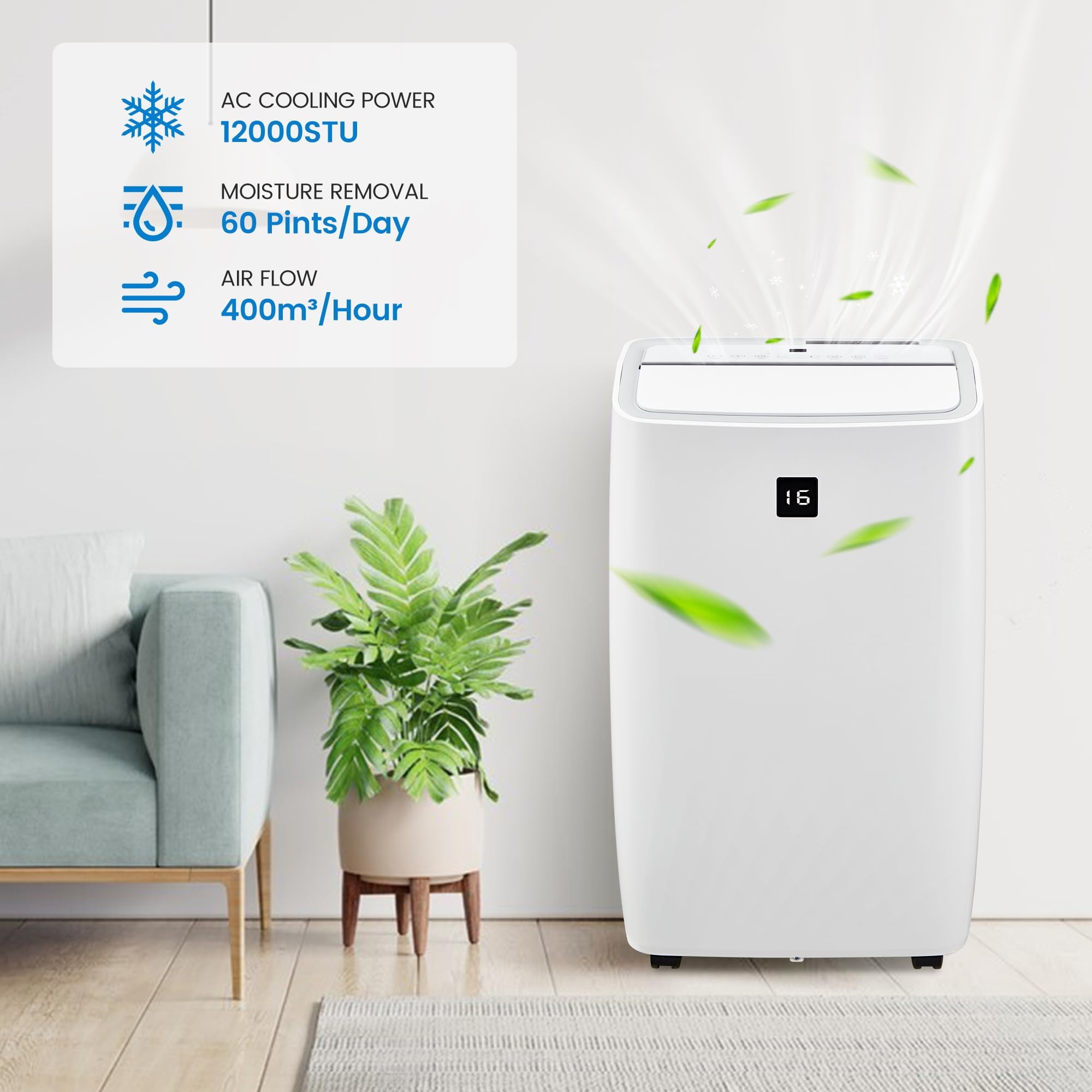 12,000 BTU Portable Air Conditioner for Rooms Up to 550 Sq.Ft 3-in-1 ...