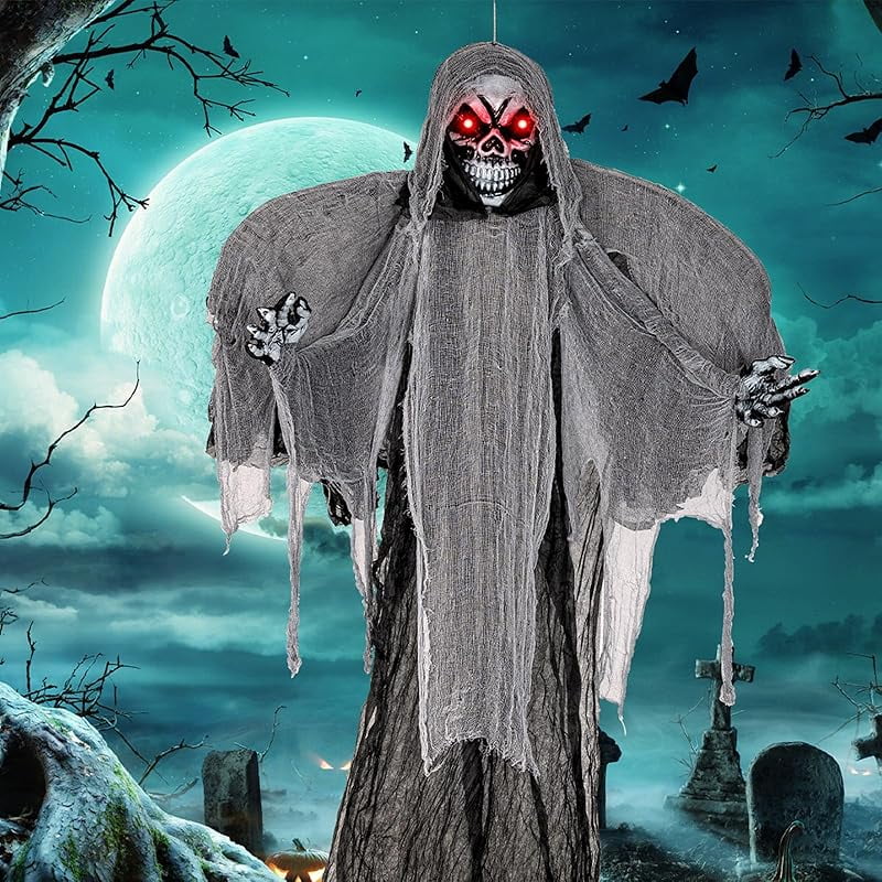 12.1 ft Halloween Hanging Reaper w/Wings, Voice Activated Animatronic Ghost w/Lighted Eyes ...