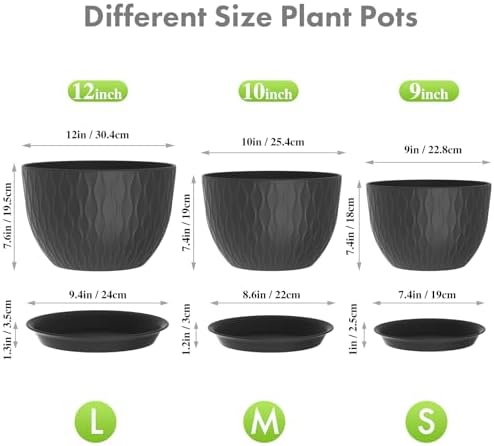 12/10/9 inch Large Plant Pots, 3 Pack Wide Flower Pots for Outdoor ...