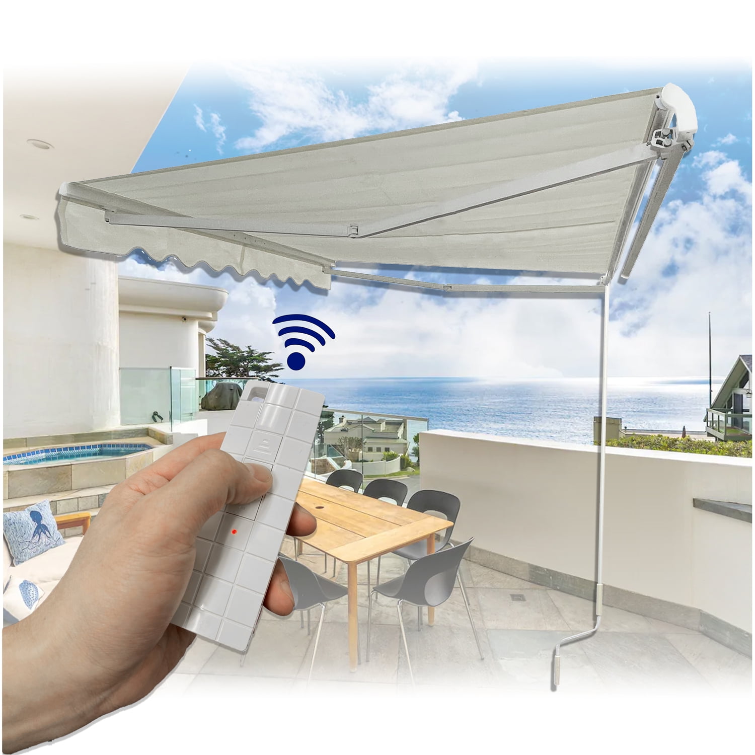 Httmt 12' x 10' White Motorized Retractable Patio Awning, Remote ...
