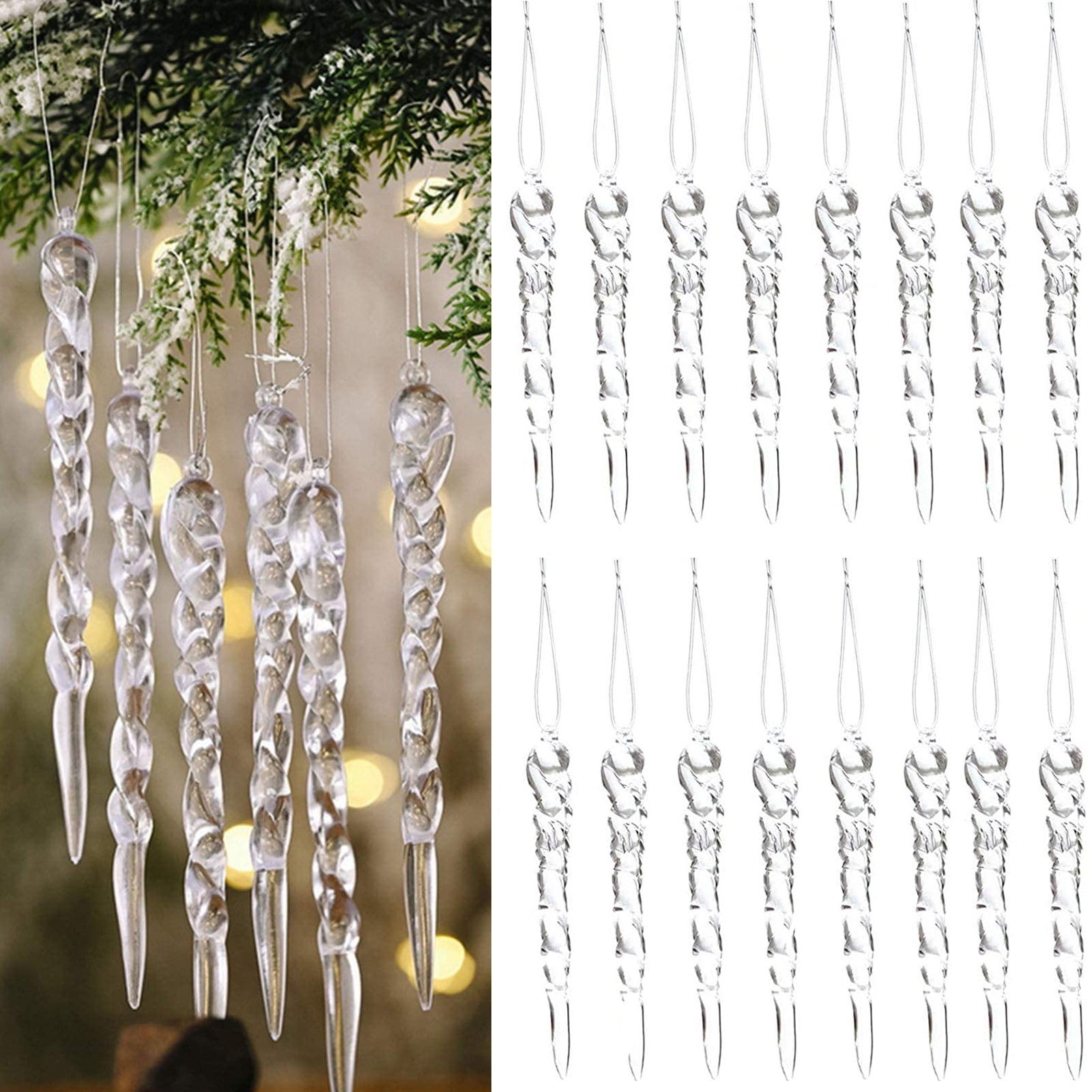 12/24/36 Pcs Christmas Icicle Ornaments Clear Plastic Twisted Glass Icicle Set Decorations For ...