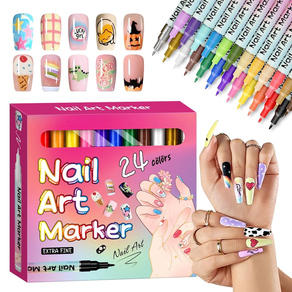 12/24 Color Waterproof Nail Art Pens Set,Nail Art Marker Fine Tip ...