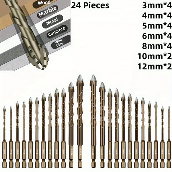 12/24pcs Titanium Masonry Drill Bit Set | Heavy-Duty, Impact-Resistant ...