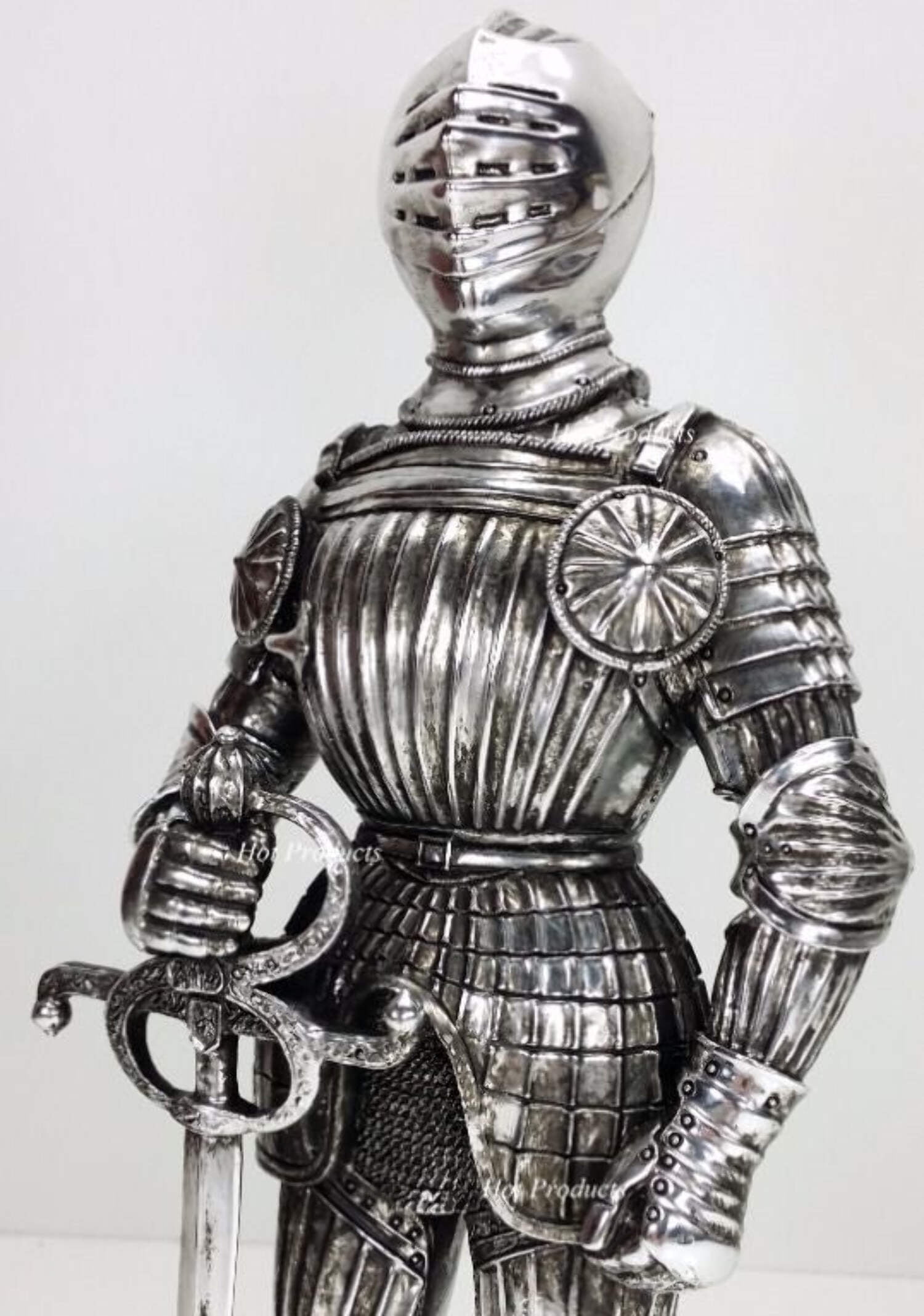 12 3/4" Medieval Times KNIGHT CHROME / SILVER STATUE MAXIMILIAN STYLE W ...