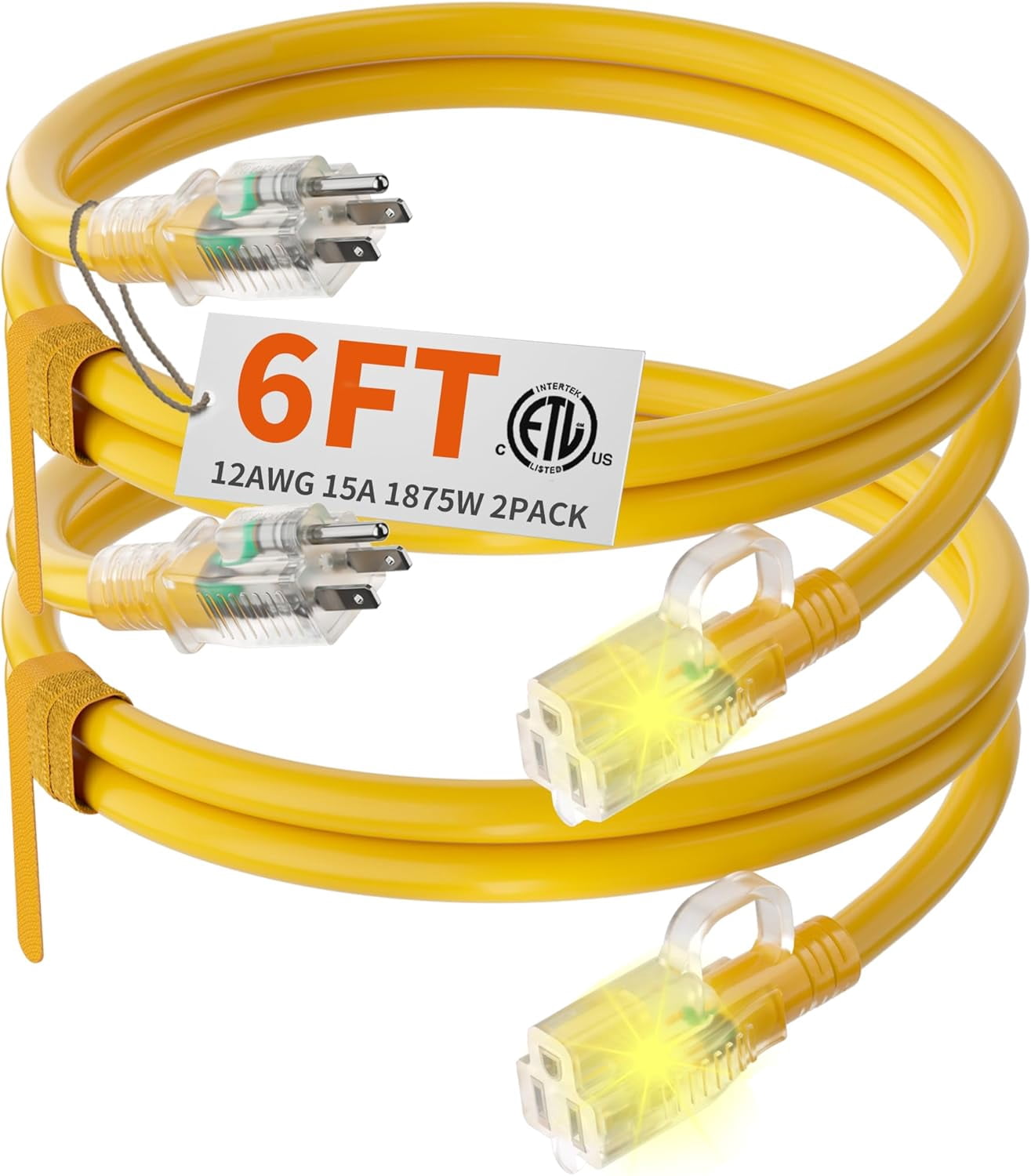 12/3 Gauge Heavy Duty Outdoor Extension Cord 6 ft 2 Pack Waterproof ...
